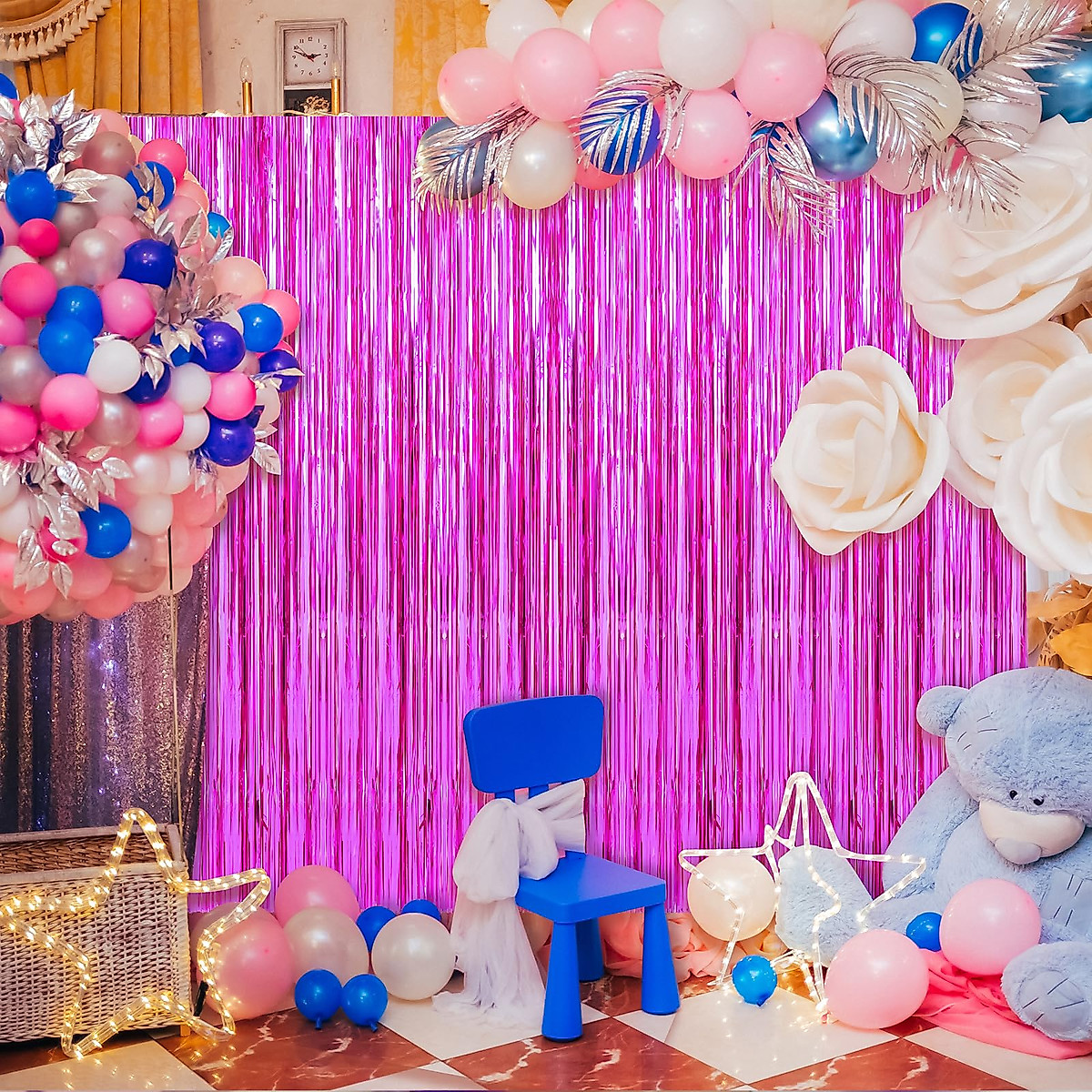 Crosize 3 Pack 3.3 x 9.9 ft Hot Pink Foil Fringe Backdrop Curtain, Streamer Backdrop Curtains, Streamers Birthday Party Decorations, Tinsel Curtain for Parties, Photo Booth Backdrops, Party Décor