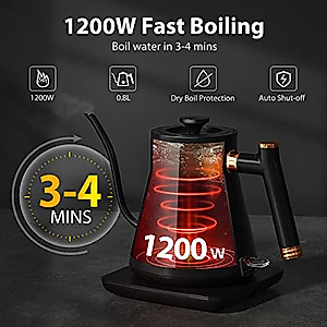 Aromaster Electric Gooseneck Kettle,Pour Over Coffee & Tea Kettle,Hot Water Kettle,1200 Watt Quick Heating 0.8L Kettle with Thermometer,100% Stainless Steel,Black