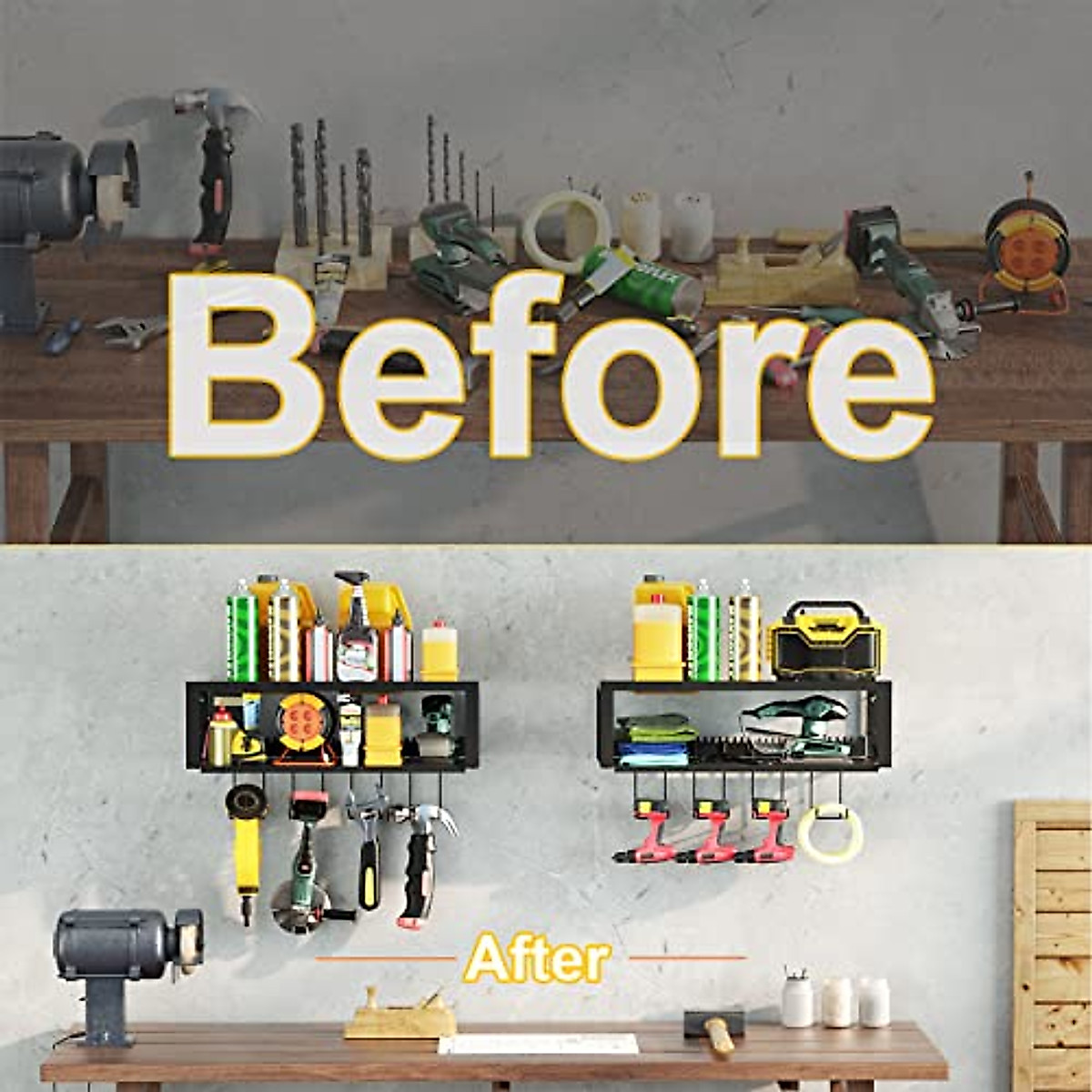 SRIWATANA Power Tool Organizer Wall Mounted, 2-Tier Heavy Duty Metal Storage Rack for Handheld and Power Tools, Utility Holder, Cordless Drill Storage, Black