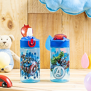 Zak Designs Kids Durable Plastic Spout Cover and Built-in Carrying Loop, Leak-Proof Water Design for Travel, (16oz, 2pc Set), Marvel Avengers