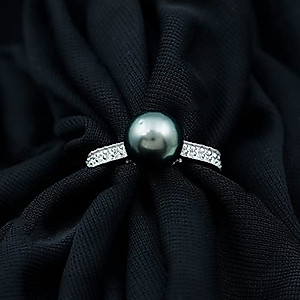 Rosec Jewels Real Tahitian Pearl Solitaire Ring with Diamond, 9 cttw, Aaa Quality, 14K White Gold, Size:US 9.00