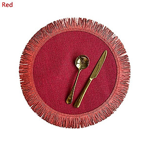 6PCS/Set Round Jute Placemat Linen Cup Mats Tassels Table Mat Decoration Kitchen Heat Insulation Non-Slip Mat Photography Prop (Red)