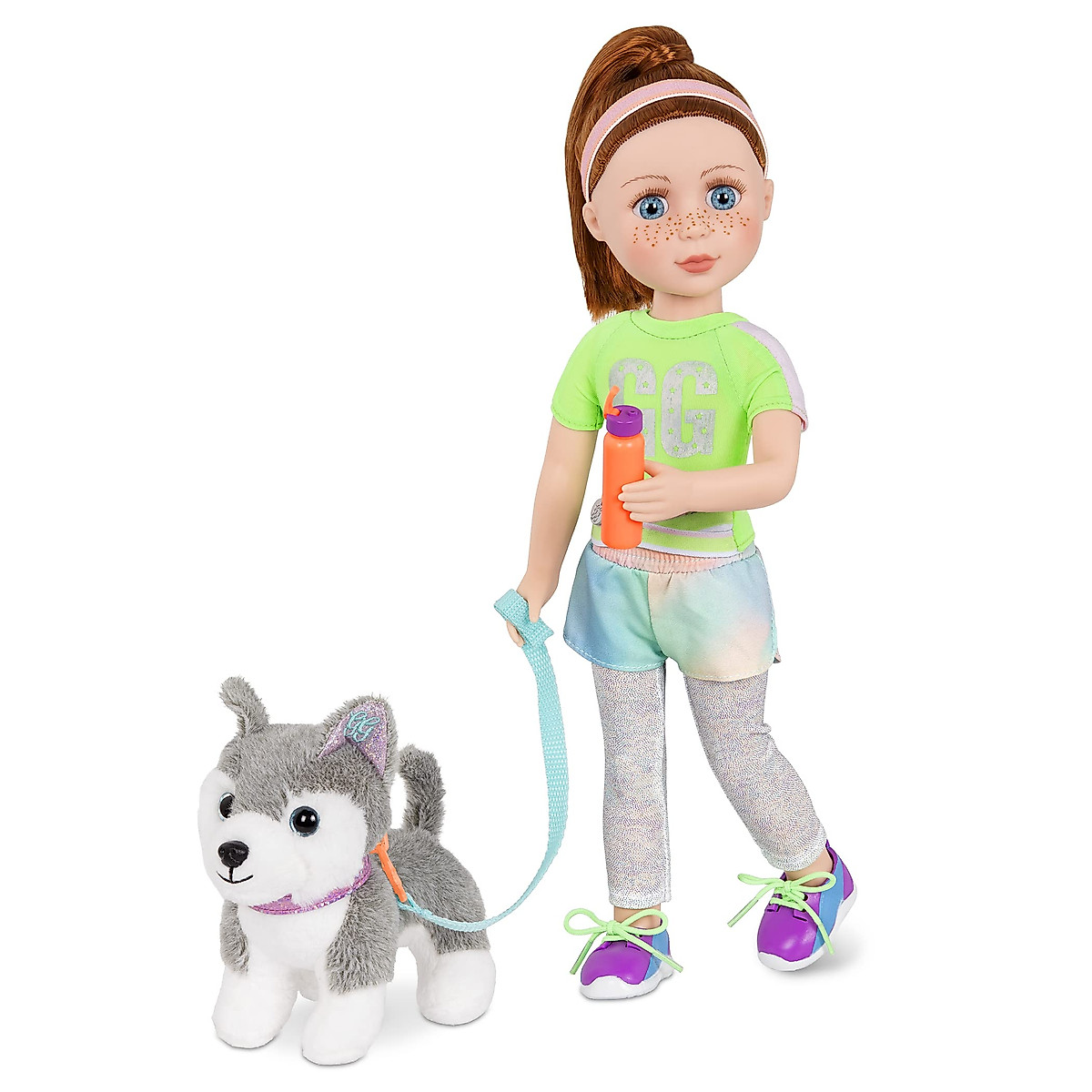 Glitter Girls – Let's Go for a Run Dog Walking Outfit with Leash, Collar, and Hair Band – 14-inch Doll Clothes and Accessories for Kids Ages 3 and Up