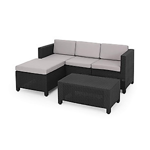 Great Deal Furniture Stephanie Outdoor Faux Wicker 3 Seater Sectional Set with Ottoman, Dark Gray and Gray