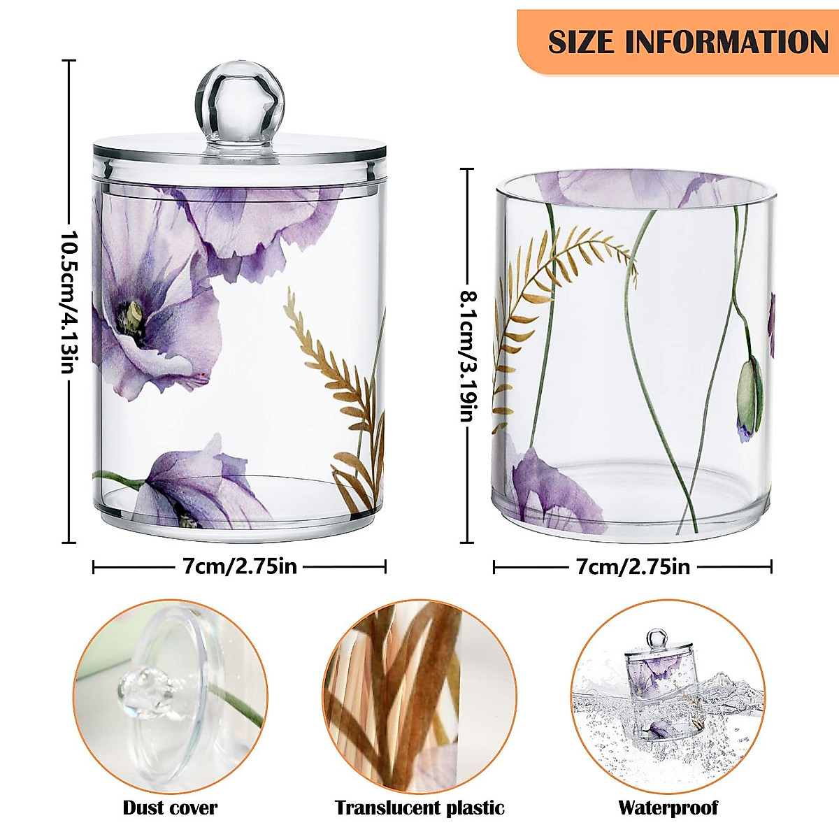 ALAZA 2 Pack Qtip Holder Dispenser for Cotton Ball Watercolor Flowers Purple Poppies Cotton Swab Cotton Round Pads Clear Plastic Acrylic Jar Set Bathroom Canister