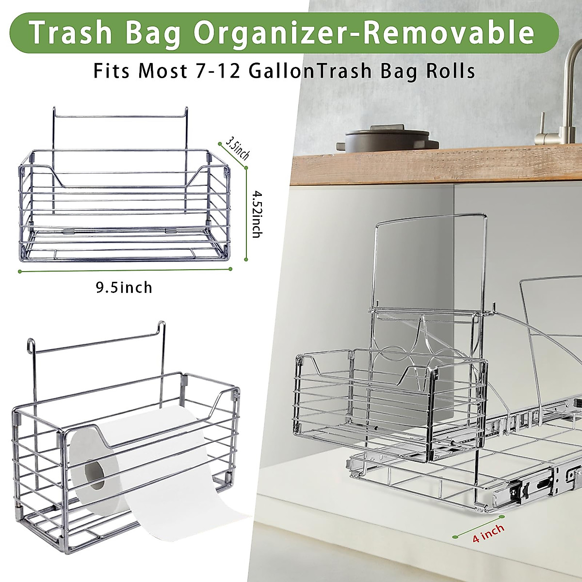 Cabinet Trash Can Pull Out Kit with Removable Front Basket for Garbage Bag Storage, Under Sink Trash Can Slide for 7-11 Gallon/28-44 Qt Garbage Cans Kitchen Trash Can (Not Include Trash Can)