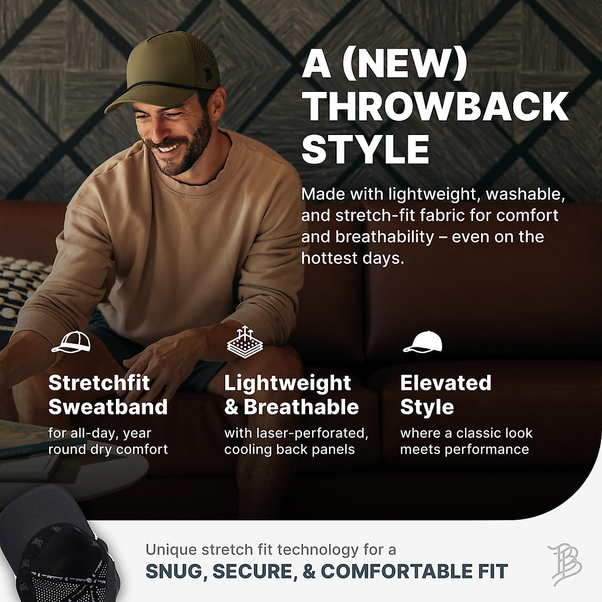 Branded Bills Bare Curved 5 Panel Rope Hat, Black, Fits 7-7 7/8, Flexfit Sweatband, Adjustable Snpaback, Fitted Style | Lightweight, Comfort Stretch, & Quick Dry Baseball Cap