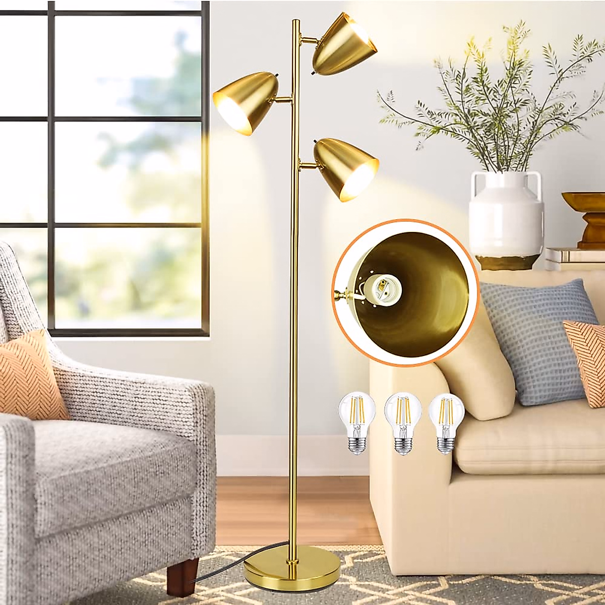 DLLT Modern Floor Lamp, 3-Light Reading Standing Tree Lamp, Gold Corner Floor Lamp with Adjustable Metal Heads, Brass Tall Pole LED Lighting for Living Room, Bedroom, Office, E26 Base (Bulbs Include)