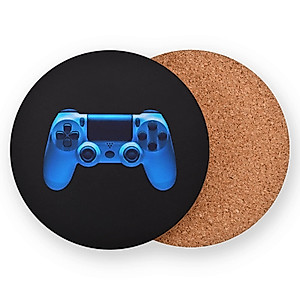 Video Game Joystick Gamepad in Blue Neon Lights Isolated on Black 4 Pcs Tea Wooden Round Coaster Set, Non-Slip Lightweight Wooden Coaster for Party Home Office Kitchen Bar Coffee Table