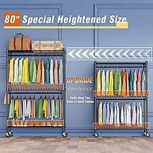 Homdox Double Rod Closet 3 Shelves Wire Shelving Clothing Rolling Rack Heavy Duty Garment Rack with Wheels and Side Hooks, 2-Pack
