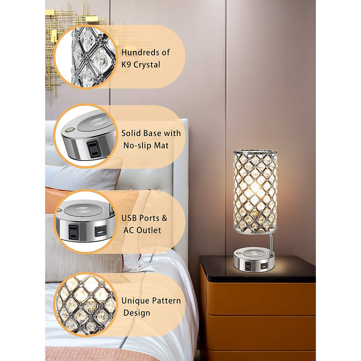Touch Control Crystal Table Lamp, 3 Way Dimmable Wireless Charging Table Lamp, USB Bedside Light with Crystal Shade, Modern Nightstand Lamps for Bedroom Living Room (Bulb Included) (Silver)