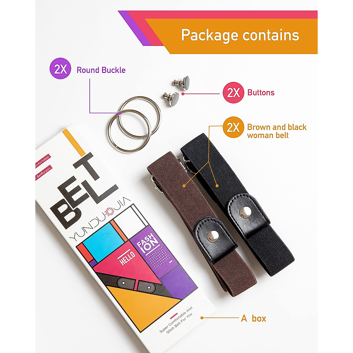 YUNDUOJIA No Buckle Comfortable Elastic Stretch Belts for Womens, Black Elastic Waist Adjustable Invisible Belts for Jeans Pants（2 Sets）