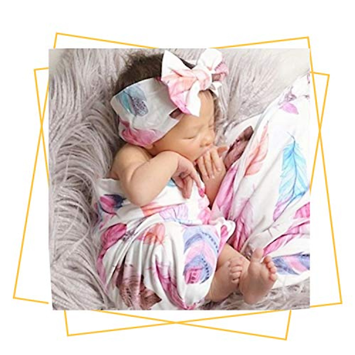 Newborn Receiving Blanket Headband Set - Unisex Soft Baby Swaddle Girl Boy Gifts (Feather+Sloth)