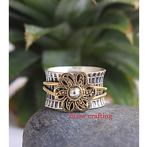 Silver Flower Spinner Ring, Floral Flower Ring, Silver Band, Fidget Ring, Stress Ring (6)