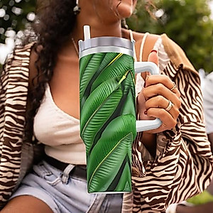 HULIBIN Banana Leaf Green Print Double Deck Stainless Steel Travel Coffee Cup With Lid 40 Oz Ice Bully Cup