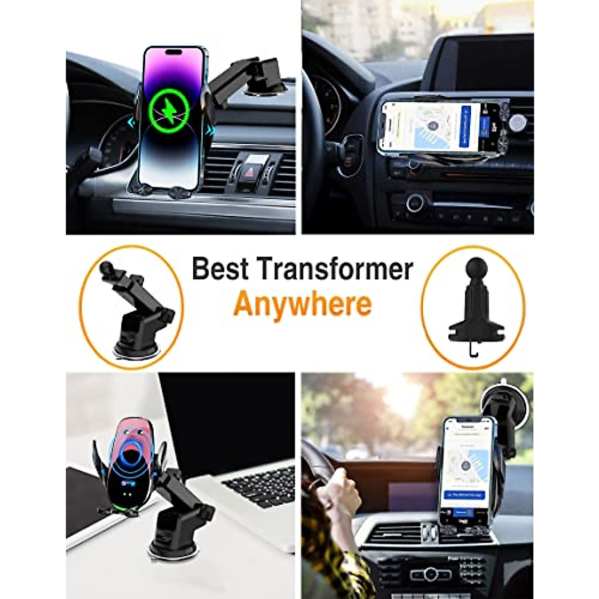 Wireless Car Charger Mount, 15W Qi Fast Charging Auto-Clamping Cell Phone Car Holder ​Air Vent Windshield (Pink)