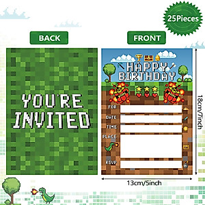 25 Pieces Pixel Video Birthday Party Supplies Game Themed Party Invitations Invite Card with Green Envelopes for Boy Kids Pixel Gamer Party Decorations Supplies