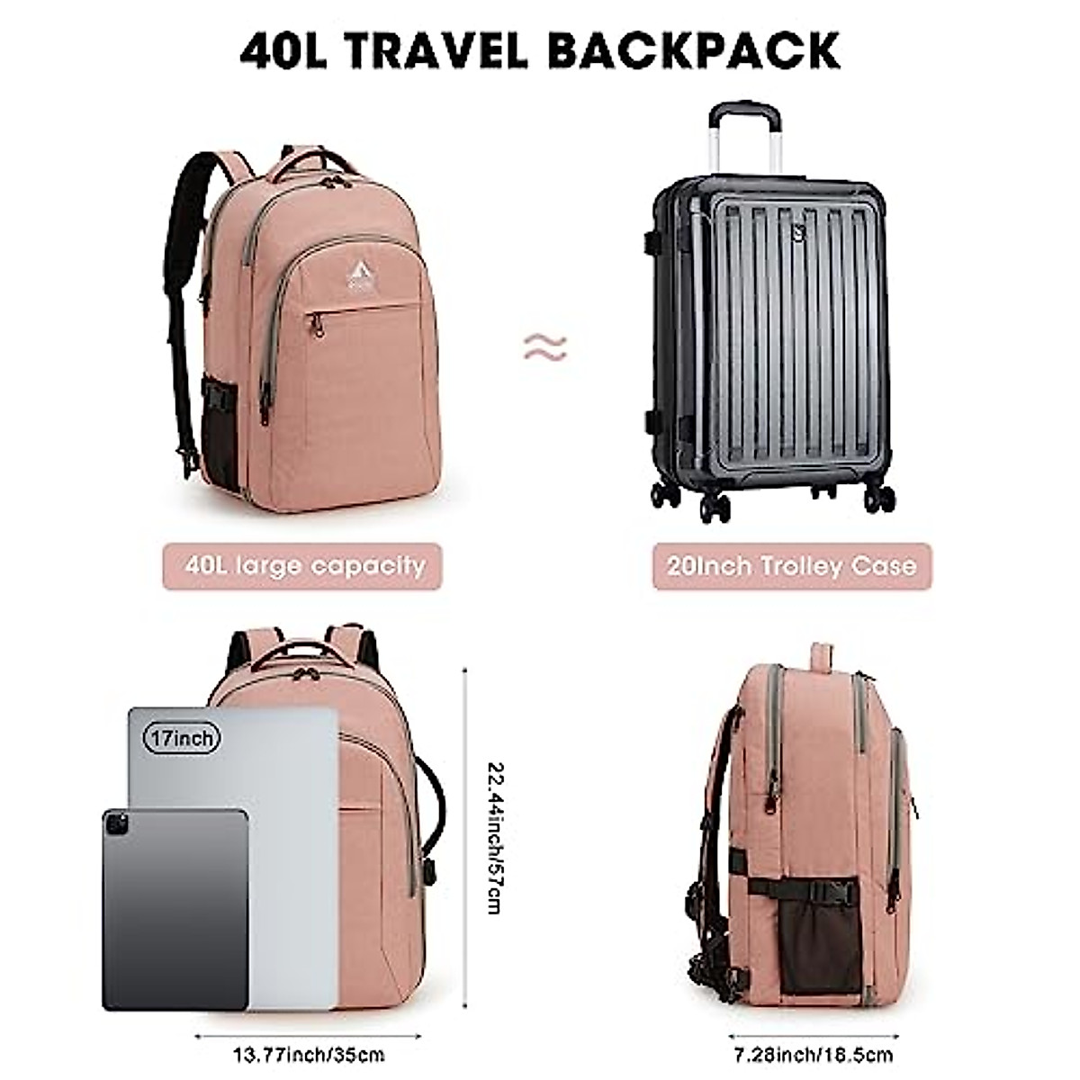 G4Free Travel Backpack For Women Men 40l Carry On Waterproof Large 17inch Laptop Backpack For Traveling On Airplane, College Bag Casual Daypack With 3 Packing Cubes For Weekender Business Hiking Pink