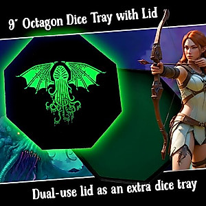 Fantasydice-Cthulhu Tome-Green - Dice Tray - 9" Octagon with Lid and Dice Staging Area- Holds 5 Sets(7 Dice Set/Standard) for All Tabletop RPGs Like D&D, Call of Cthulhu, Shadowrun.