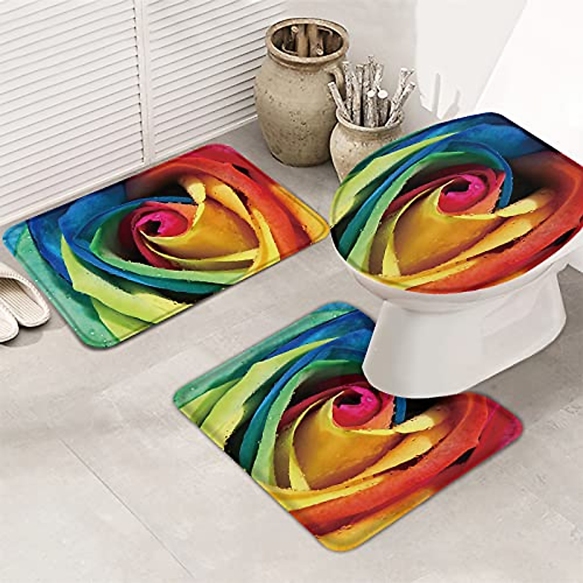 Apular Fashion 3 Piece Bath Rugs Set Colorful Rose Flower Floral Non Slip Ultra Soft Bathroom Accessories Mats, U Shape Mat and Toilet Lid Cover Mat Bath Mats