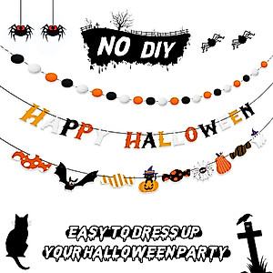 Happy Halloween Banner Pom Pom Garland Set and Halloween Bat Candy Banner with Black Bat Wall Sticker for Halloween Party Decorations Home Decor