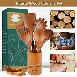 AIUHI Wooden Kitchen Utensil Set, Wooden Spoons for Cooking, Teak Wood Utensils with Holder And Spoon Rest, Non-Stick Kitchen Utensils Set, Spatula Set with Holder (TEAK WOOD)