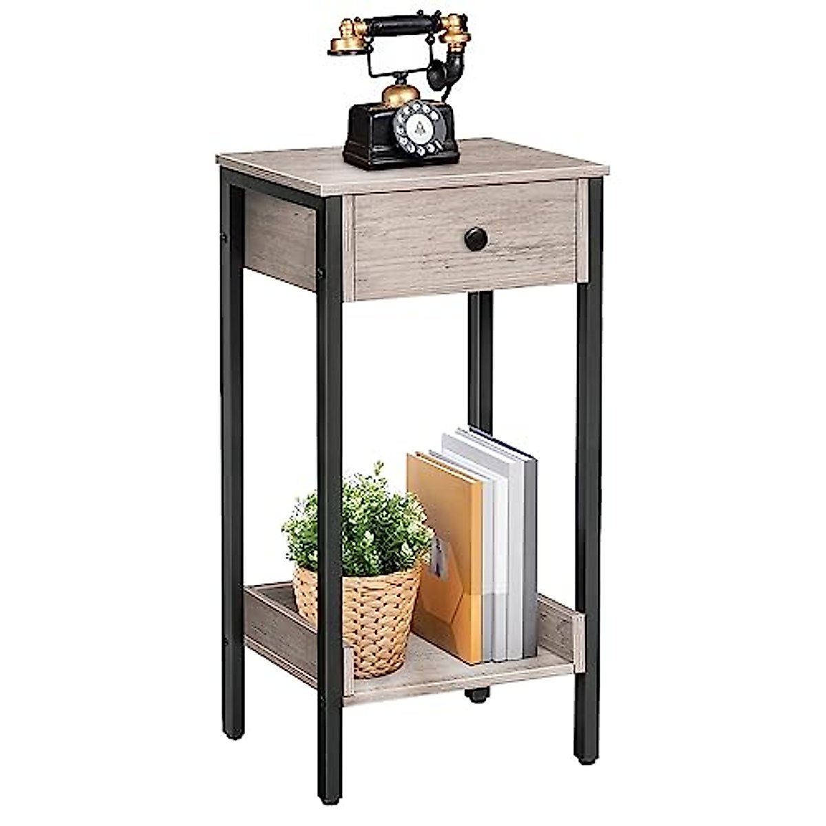 HOOBRO Tall Side Table, Nightstand, End Table with Drawer and Storage Shelf, Industrial End Telephone Table, for Study, Bedroom, Space Saving, Greige and Black BG71BZ01