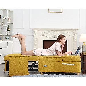 SEJOV Sleeper Sofa Chair Bed,4-in-1 Convertible Sofa Bed Chair with 6 Adjustable Backrest and Pillow, 3-Seat Pull Out Sleeper Chair Linen No Backrest for Bedroom Small Space Living Room, Yellow