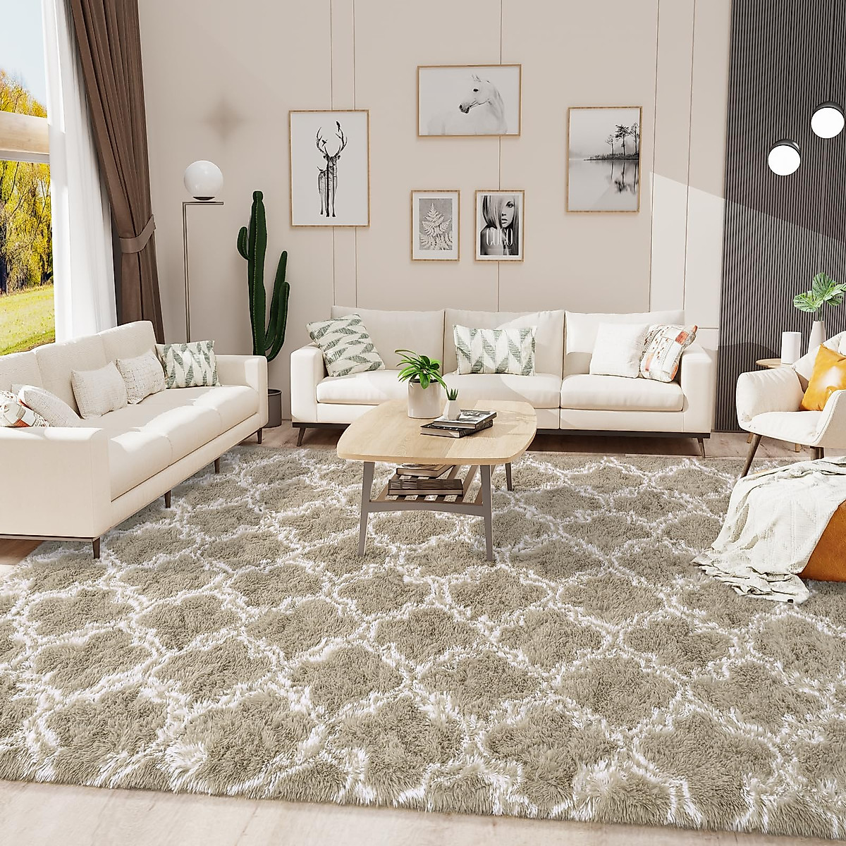 LOCHAS Luxury Shag Area Rug 5x8 Feet Geometric Plush Fluffy Rugs, Extra Soft Carpet Moroccan Rugs for Bedroom Living Room Dorm Kids, High Pile Shaggy Floor Rug Decor, Beige and White