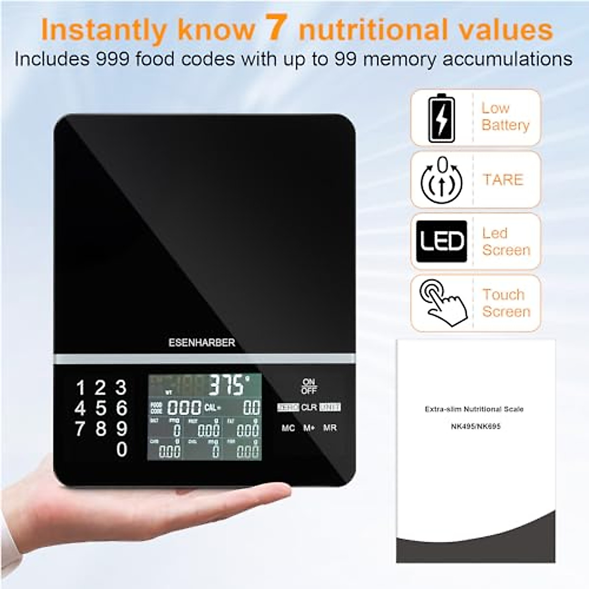 Food Scale with Nutritional Calculator, Digital Display Nutrition Calorie Calculating for Meal Prep, Kitchen, Baking, Weight Loss, Accurate Weighing Units in Lbs, Grams, Ounces, Batteries Included