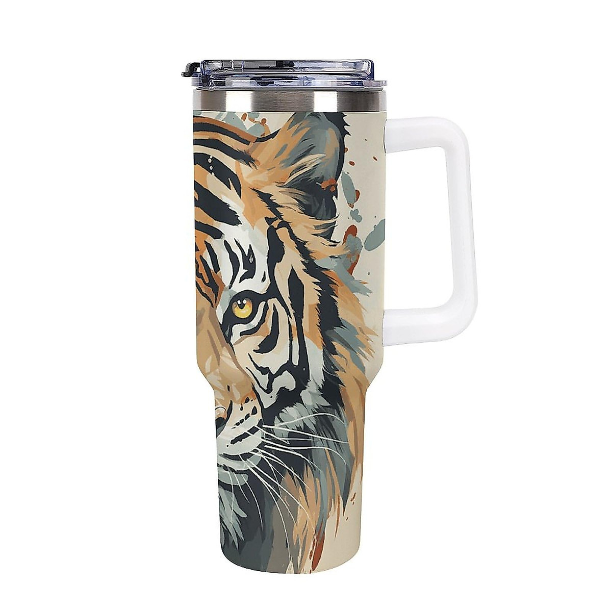 MNVTSKOP 40 Oz Tumbler With Handle And Straw White Year of The Tiger Tiger Face Printed Stainless Steel Car Cup Coffee Mug Leak Proof Insulated Water Bottle for Travel Camping Gym