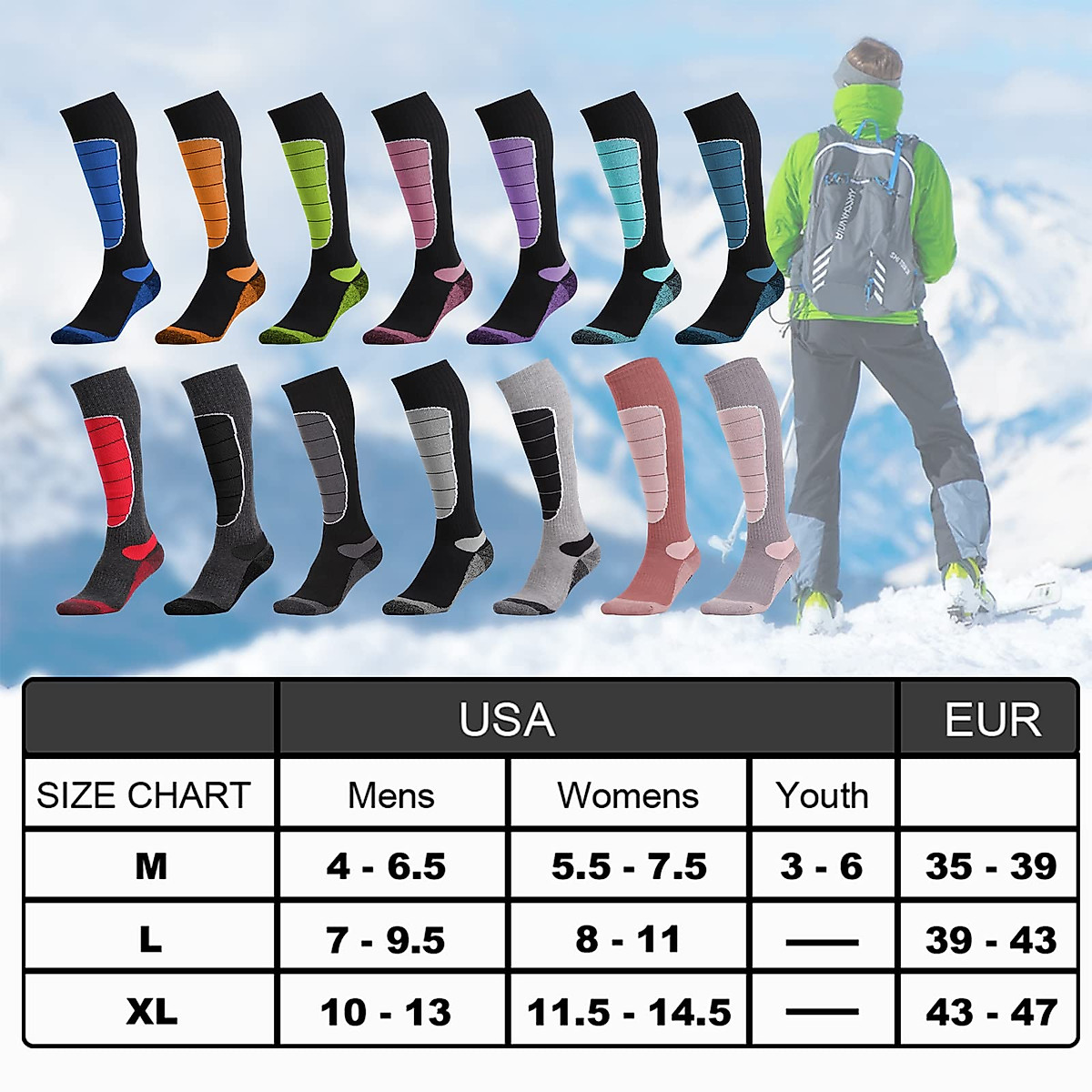 Hylaea Merino Wool Ski Socks, Cold Weather Socks for Snowboarding, Snow, Winter, Thermal Knee-high Warm Socks, Hunting, Outdoor Sports (2 Pairs (Grey Blue), X-Large)