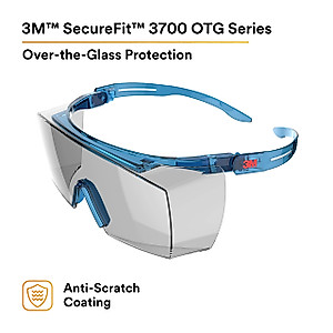 3M Safety Glasses, SecureFit 3700 Series, Anti-Scratch, Fits Over Glasses, Indoor/Outdoor Gray Lens, Blue Temple