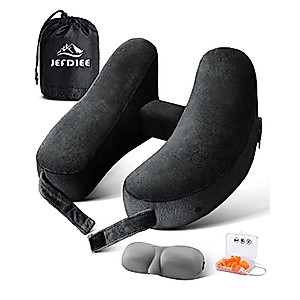 JefDiee Neck Pillows for Travel, Travel Pillow for Neck, Chin, Head Support, Airplane Pillow with Soft Washable Velour Cover, Hat, Portable Luxury Bag, 3D Sleep Mask and Earplugs (Black)