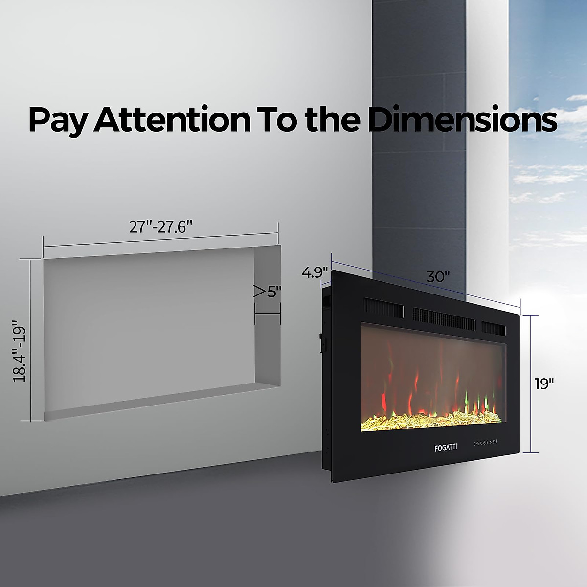 FOGATTI Electric Fireplace 30 Inch Wall Mounted and Recessed, RV Electric Fireplace, Remote Control with Timer, Fireplace Heater, Realistic 7 Color Flame, Crystals & Driftwood Options