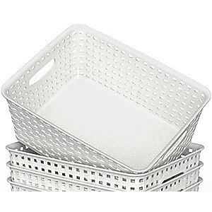 Woven Plastic Storage Basket, 6 Pack White Weave Bins Organizer, 10.1" x 7.55" x 4.1"
