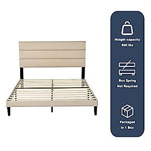 QZhommer Upholstered Platform Bed Queen Size Metal Bed Frame with Headboard and Strong Wooden Slats,Non-Slip and Noise-Free,No Box Spring Needed, Mattress Foundation,Easy Assembly,Beige