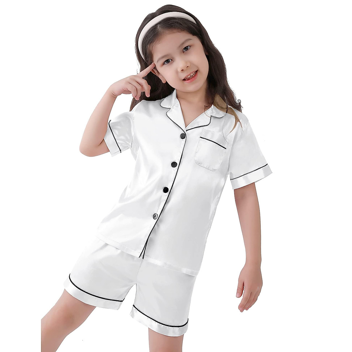 SWOMOG Satin Pajamas for Girls Boys Baby Button-Down Pjs Sets Two-Piece Lounge Sets Classic Silk Sleepwear White