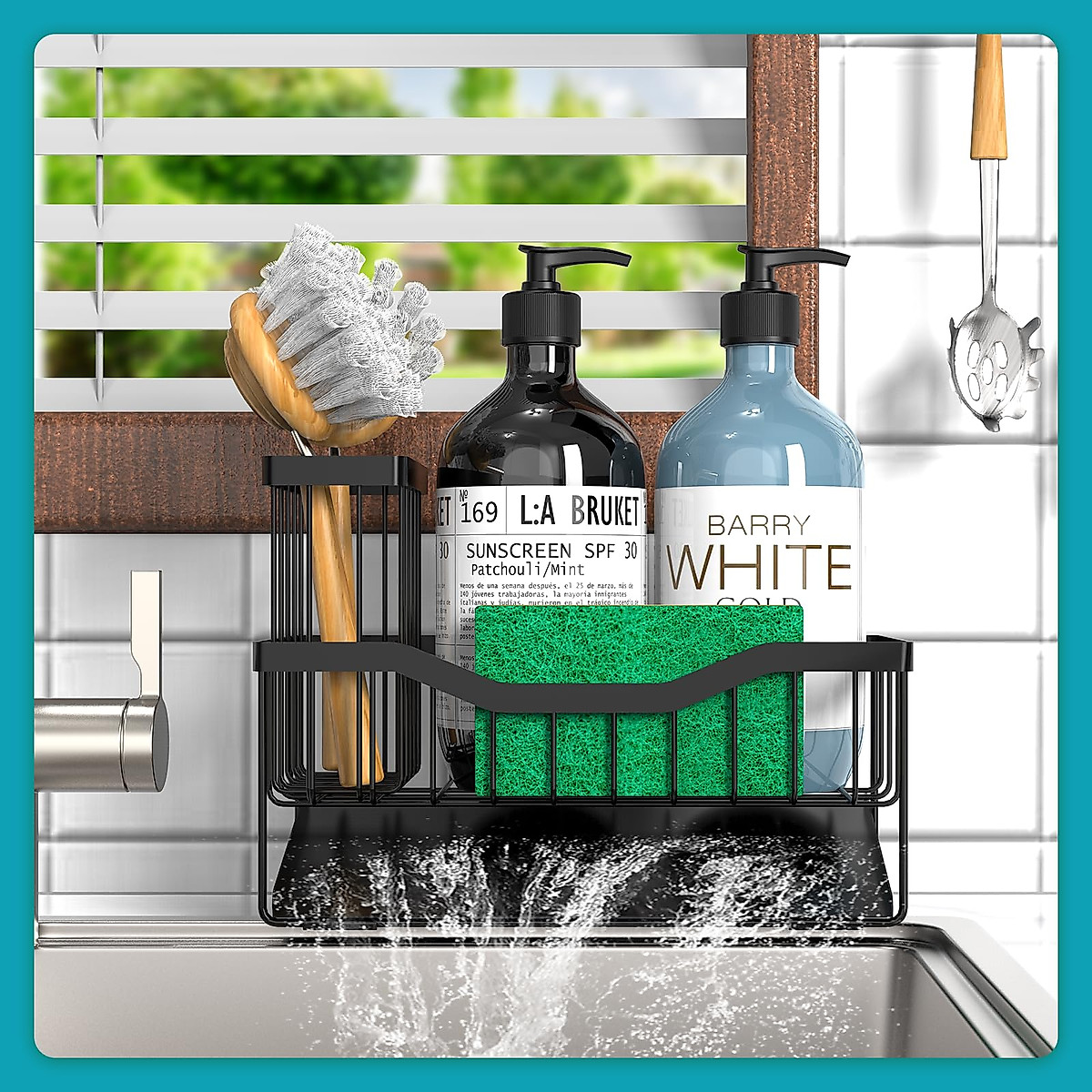 Multifunctional Sponge Holder for Kitchen Sink with High Brush Rack, Sink Caddy with Self Drain Tray, Kitchen Sink Organizer Sponge Caddy for Storage Dish Soap Dispenser - Kitchen Gadgets Accessories