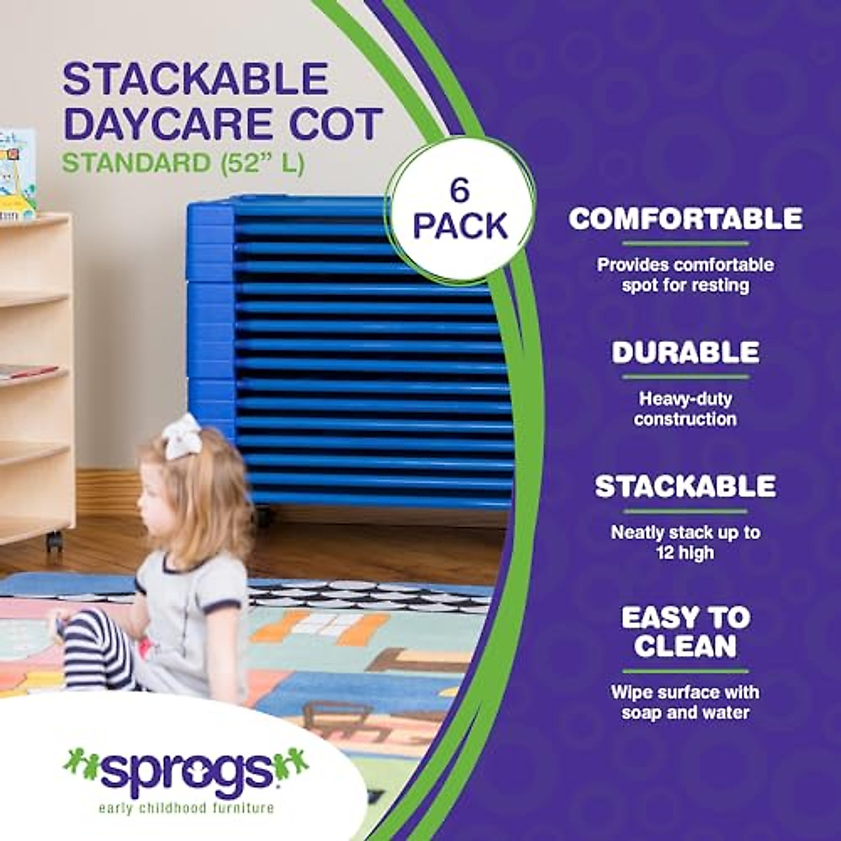 Sprogs Heavy-Duty Stackable Standard Size 52"L Daycare Cots for Kids and Toddlers, Stacking Preschool Classroom Kids Cots for Sleeping, Resting, Naptime, Pack of 6, Blue