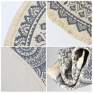 nd Round Rugs 3ft Bedroom Rug Mandala Bohemian Vintage Pattern Round Carpet Circle Area Rug Cotton Hand Woven Table Rug with Tassels Indoor Living Room Kids Room Bathroom mat, Black/Blue