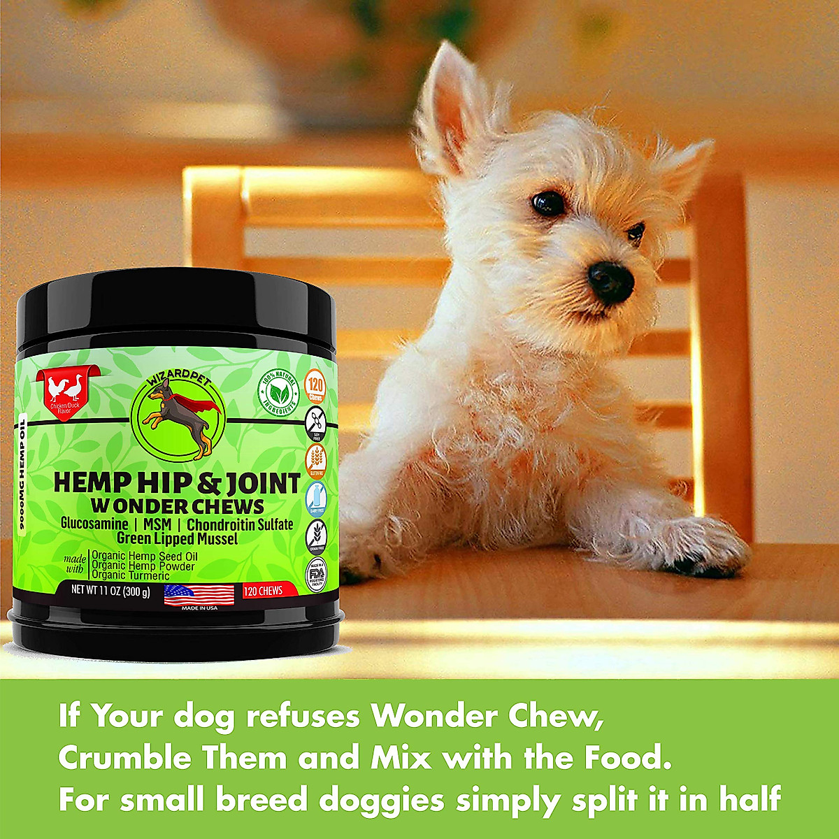 WIZARDPET Advanced Hemp Hip and Joint Supplement for Dogs - Hemp Oil Glucosamine Chondroitin for Dog - Omegas - Turmeric - MSM - Green Lipped Mussel, Made in USA Treats Support Mobility - 120 Chews