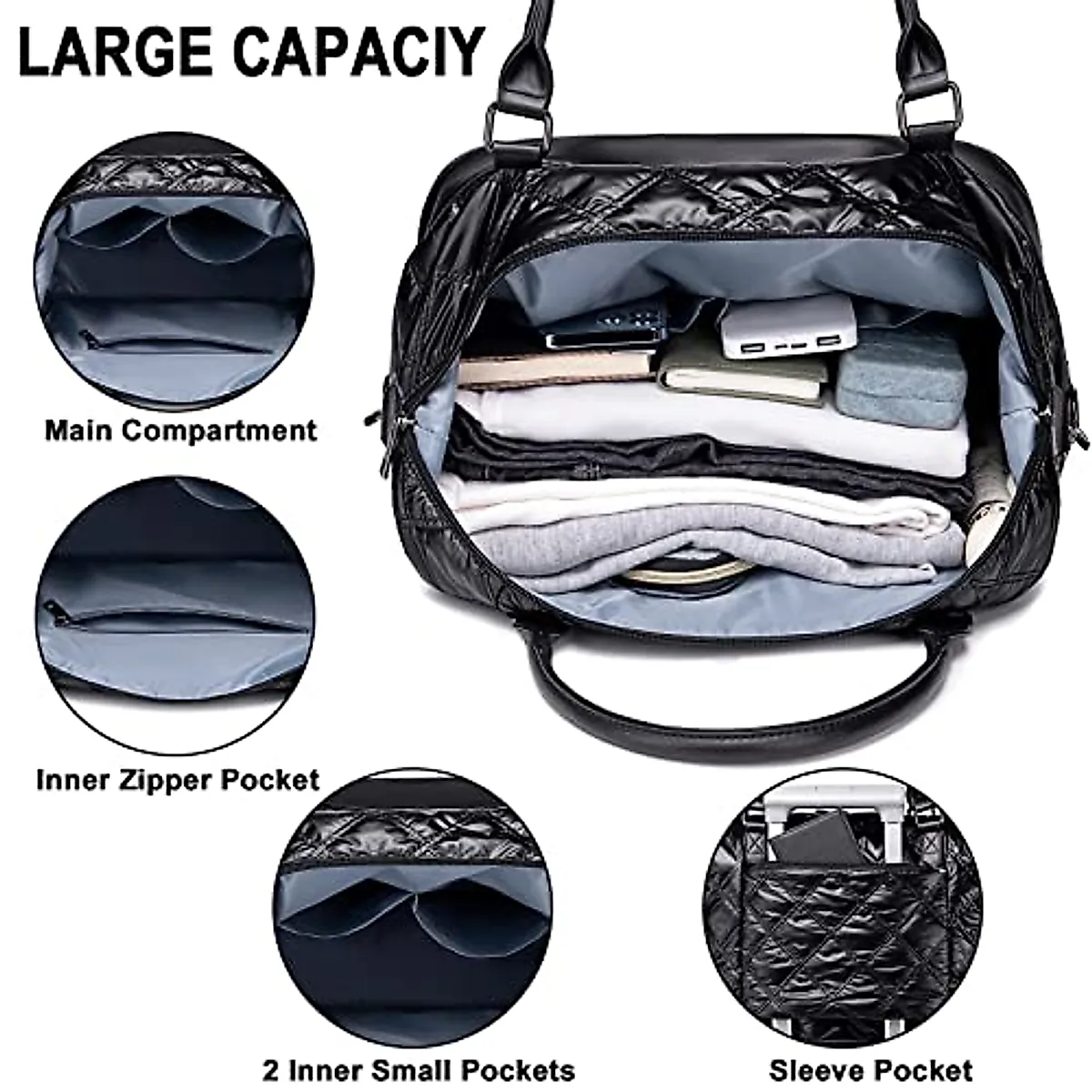 LEDAOU Weekender Travel Overnight Bag Women Ladies Quilted Carry On Tote Duffle Bag with Luggage Sleeve (Quilted Black)