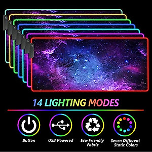 DINKY RGB Gaming Mouse Pad, Large Extended Soft Led Mouse Pad with 14 Lighting Modes, Water Resist Keyboard Pad, Computer Keyboard Mousepads Mat 31.4×11.8 inches- Purple Nebula