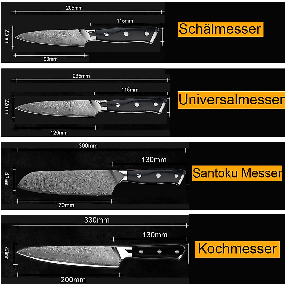 COOSNUG Damascus 4Pcs Kitchen Knife Set, Japanese VG-10 Stainless Steel 67 Layers Damascus Knife, Japanese 8" Chef knife, 7" Santoku knife, 5" Utility knife and 3.5" Paring knife Sharp Cooking Knife