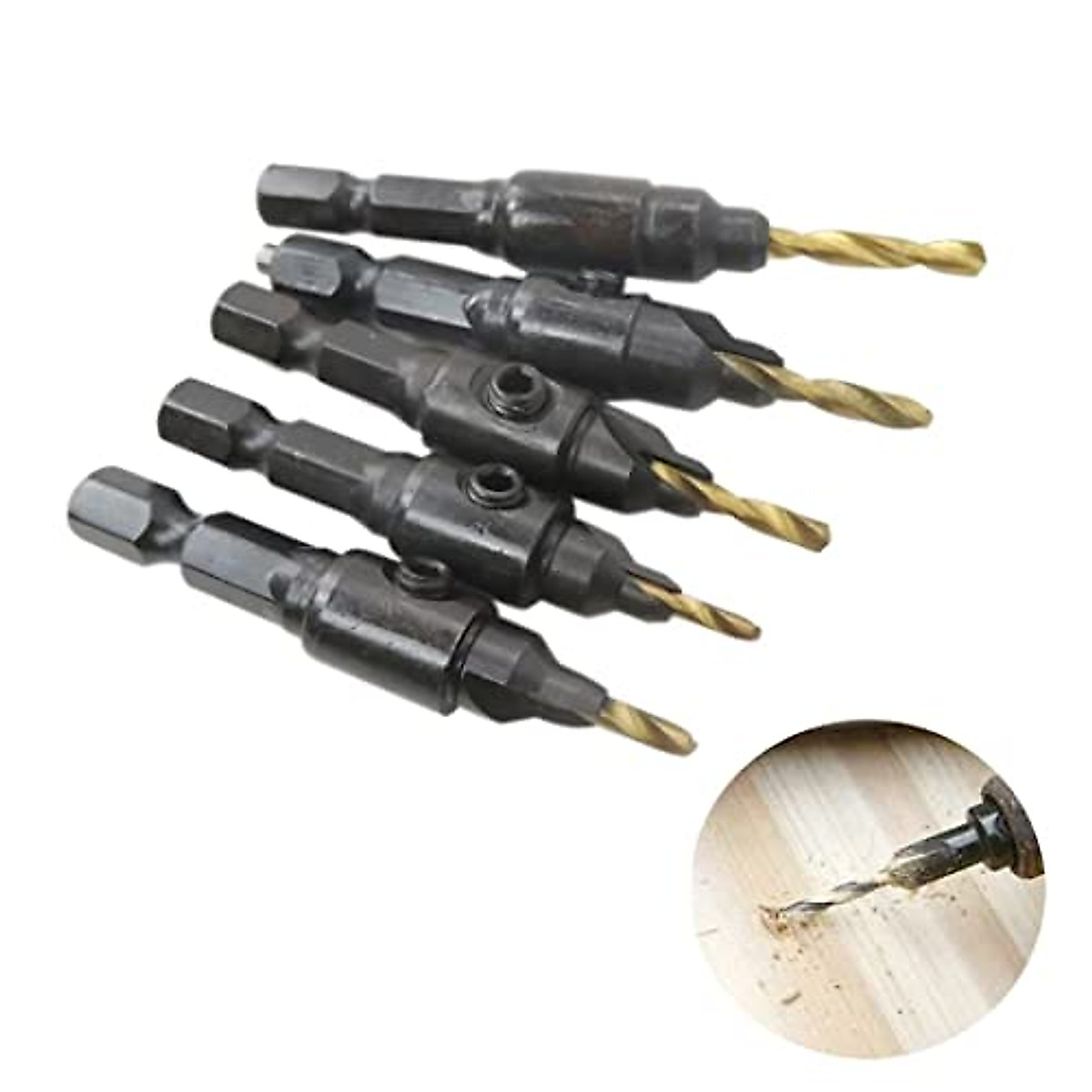 GRABOTE 5Pcs Countersink Drill Bit Set 1/4'' Hex Shank HSS Woodworking Pilot Screw Holes 5 Sizes (#5, 6, 8, 10, 12) with Hex Key