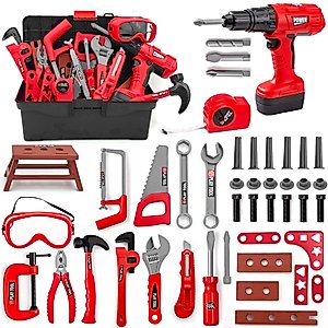 HYRENEE Kids Tool Set – 48 Piece Toddler Tool Set with Electronic Toy Drill& Tool Box,Pretend Play Toys for Kids,Construction Kits Toys for Kids Ages 3 4 5 Years Old, Toddler Boy Toys