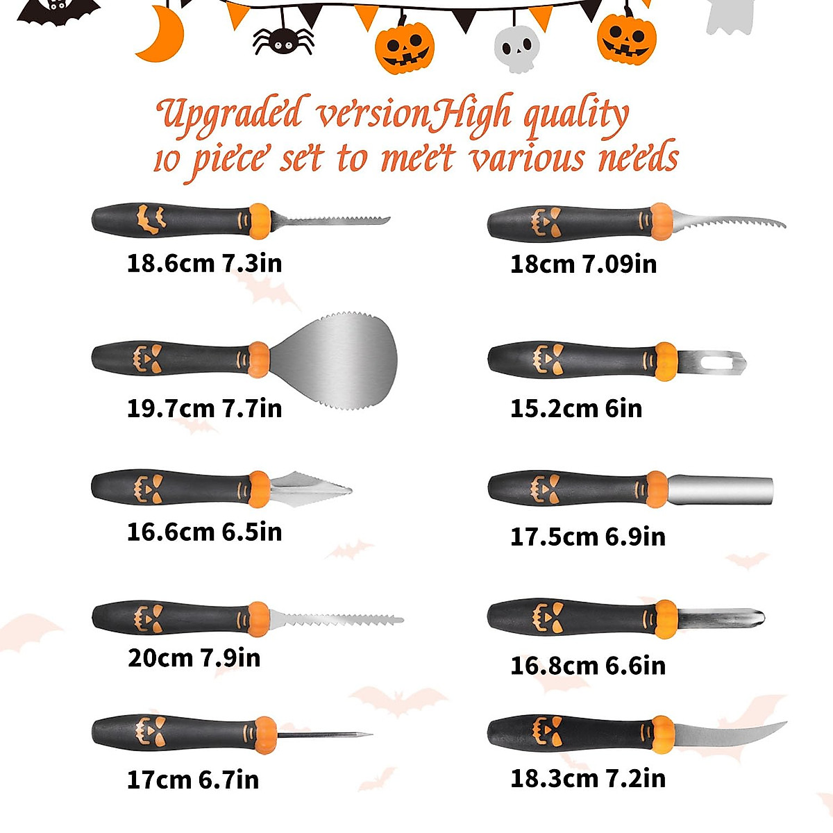 Halloween 10 Piece Pumpkin Carving Kit with Storage Bag, Stainless Steel Pumpkin Carving Tools Knife Set for Halloween Jack-O-Lantern DIY Decoration, Anti-Slip Rubber Handles,Gift for Halloween