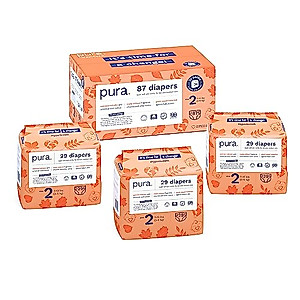 Pura Size 2 Eco-Friendly Diapers (7-13 lbs) Hypoallergenic, Soft Organic Cotton Comfort, Sustainable, Wetness Indictor. Allergy UK, Recyclable Paper Packaging. 3 Packs of 29 Diapers (87 Diapers)