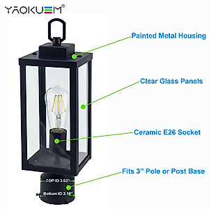 YaoKuem Outdoor Post Light, Pole Lantern, E26 Base 60W Max, Metal Housing Plus Glass, Wet Location Rated, Bulbs not Included, Matte Black, 1 Pack